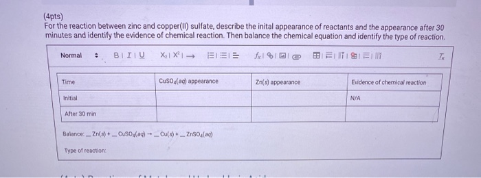 Solved (4pts) Reaction of Zinc and Copper(II) Sulfate The | Chegg.com