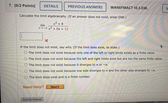 Solved Calculate The Limit Algebraically If An Answer Does 4036