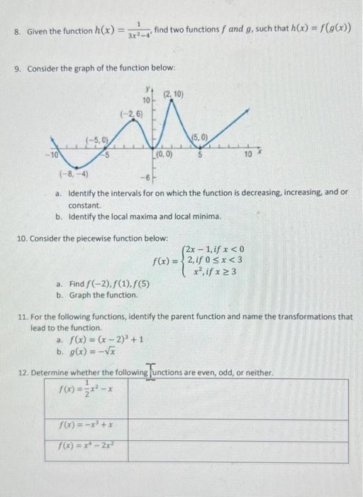 Solved 8. Given the function h(x)=3x2−41, find two functions | Chegg.com