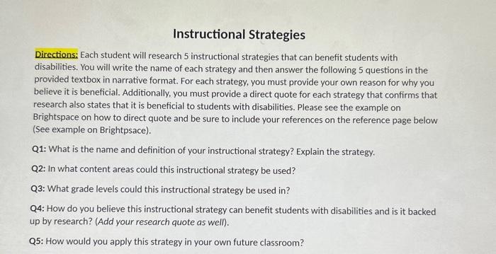 Solved Instructional Strategies Directions: Each student | Chegg.com