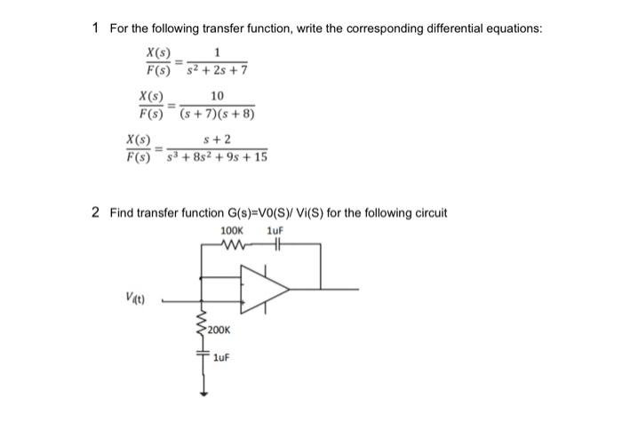 Solved 1 For the following transfer function, write the | Chegg.com
