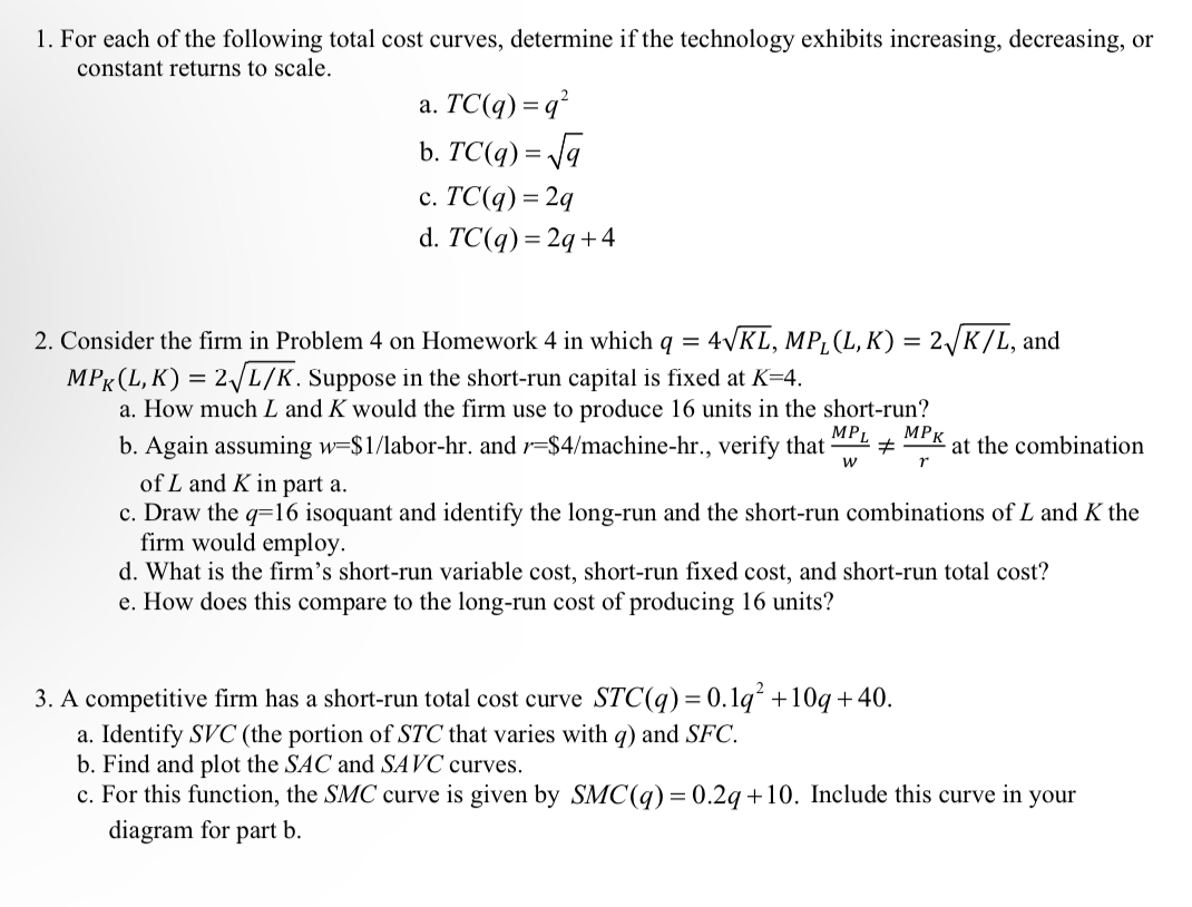 Solved For each of the following total cost curves, | Chegg.com