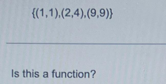 Solved {(1,1),(2,4),(9,9)}Is this a function? | Chegg.com