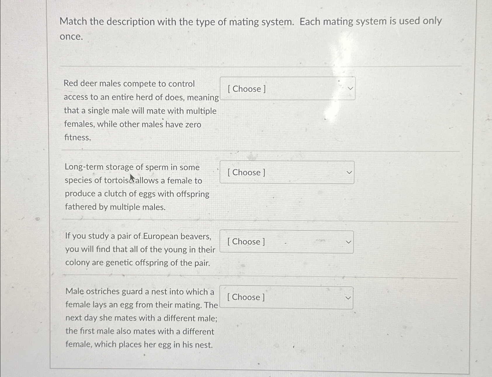 Solved Match the description with the type of mating system. | Chegg.com