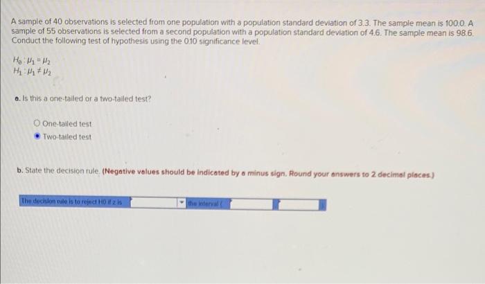 Solved A sample of 40 observations is selected from one | Chegg.com