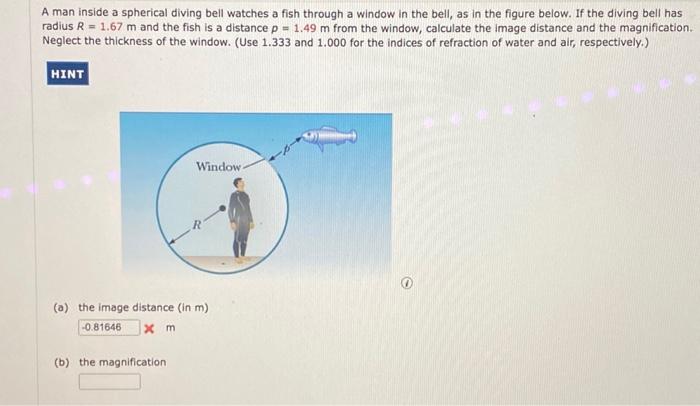 Solved A man inside a spherical diving bell watches a fish | Chegg.com