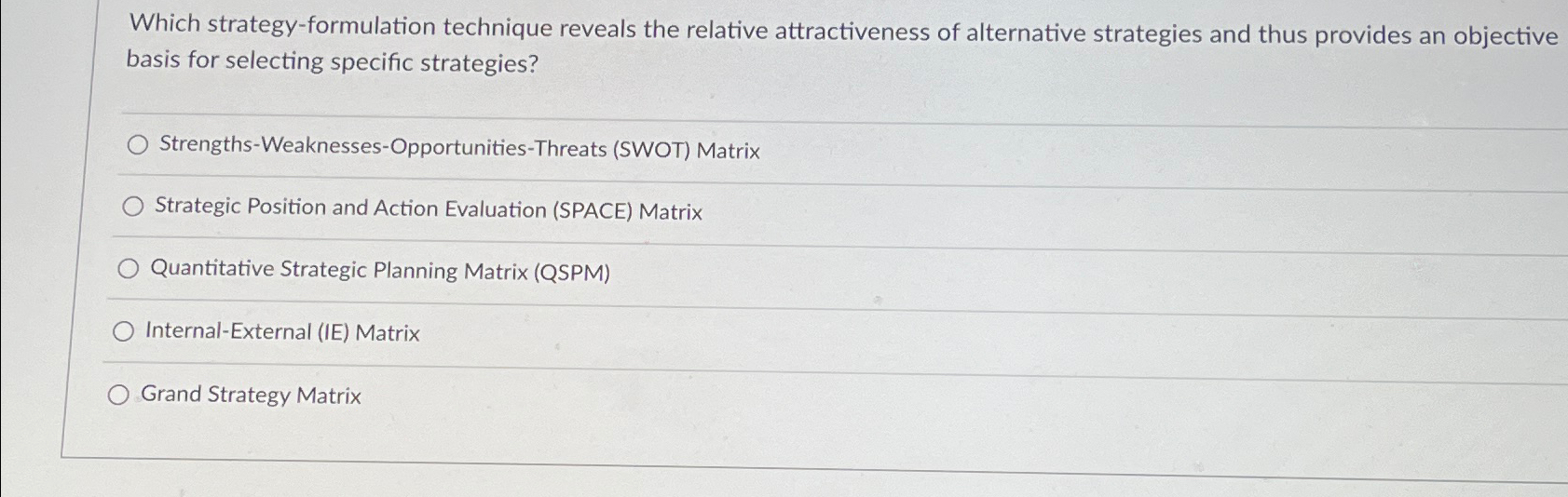 Solved Which strategy-formulation technique reveals the | Chegg.com