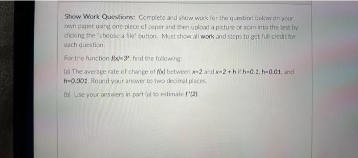 Solved Show Work Questions: Complete and show work for the | Chegg.com
