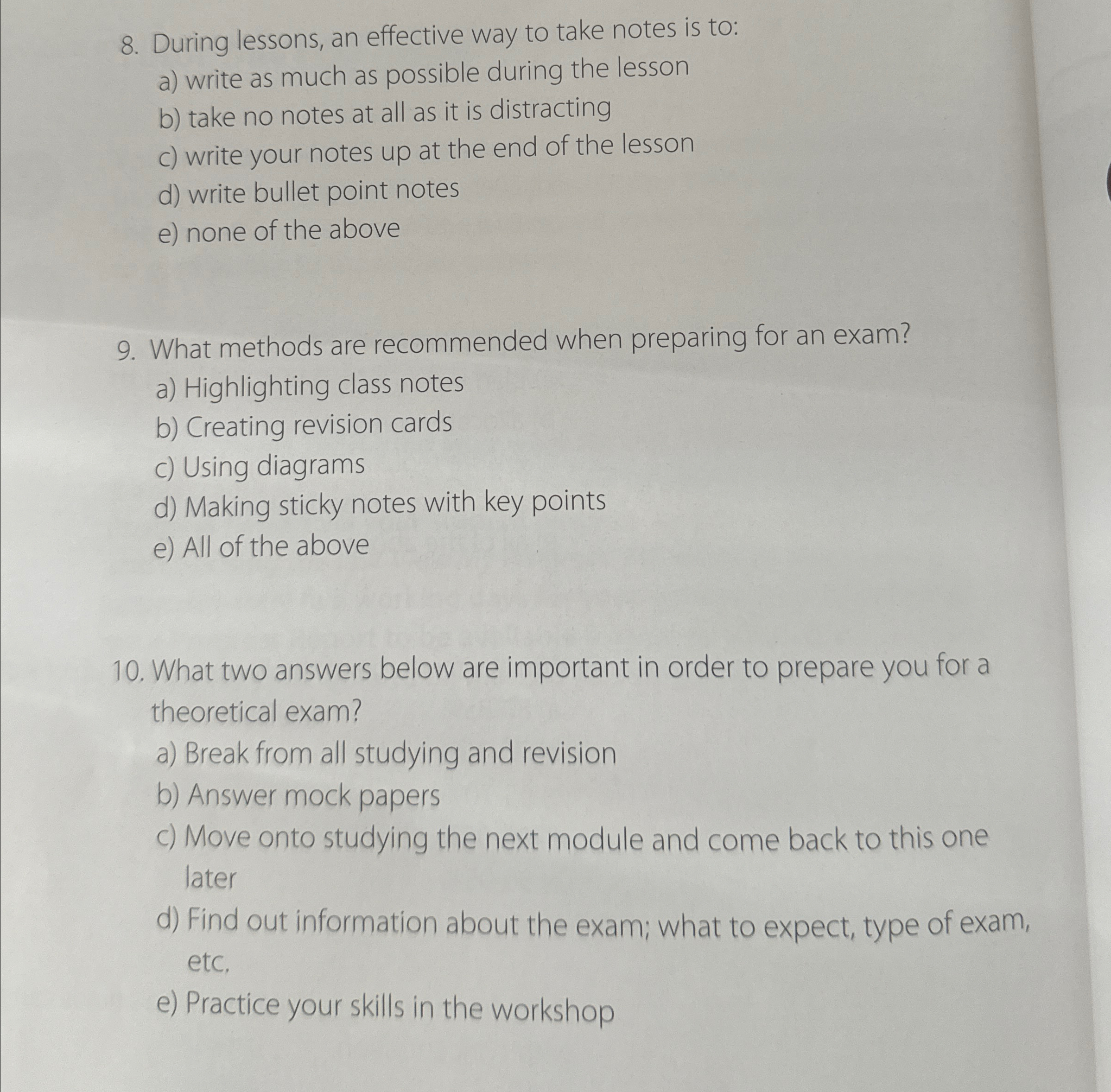 Solved During lessons, an effective way to take notes is | Chegg.com
