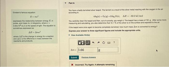 Solved Einsteins facnous equation E=mc2 expresses the | Chegg.com
