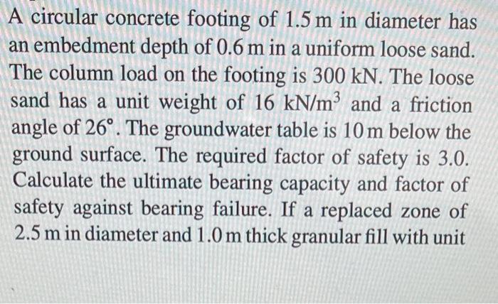Solved A circular concrete footing of 1.5 m in diameter has | Chegg.com