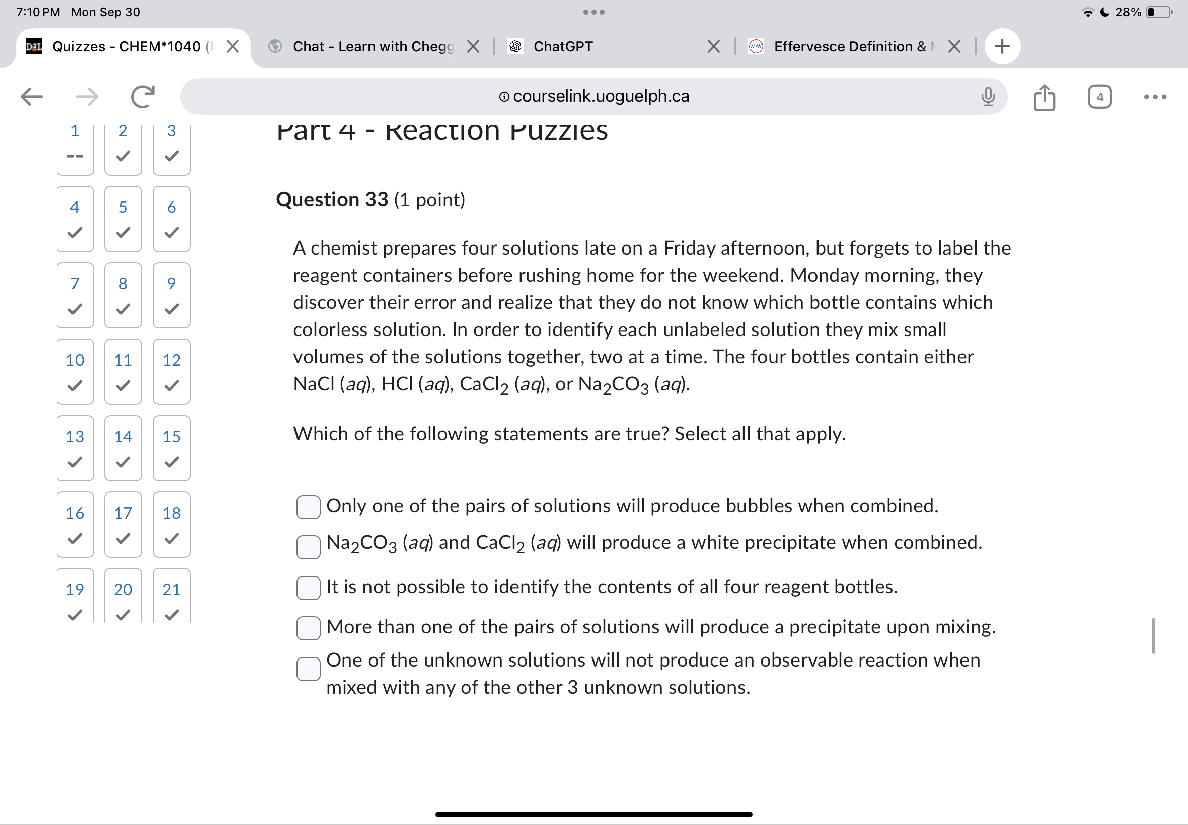 Solved Question 33 (1 ﻿point)A chemist prepares four | Chegg.com
