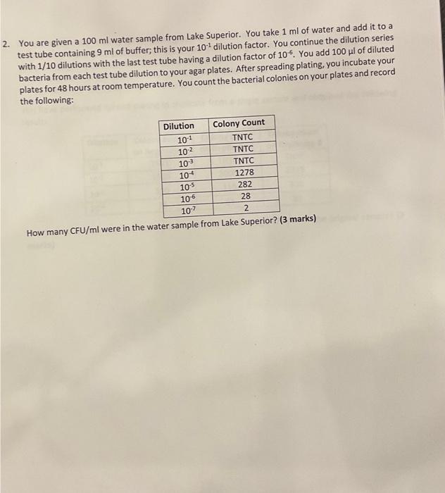 Solved 2. You are given a 100ml water sample from Lake | Chegg.com