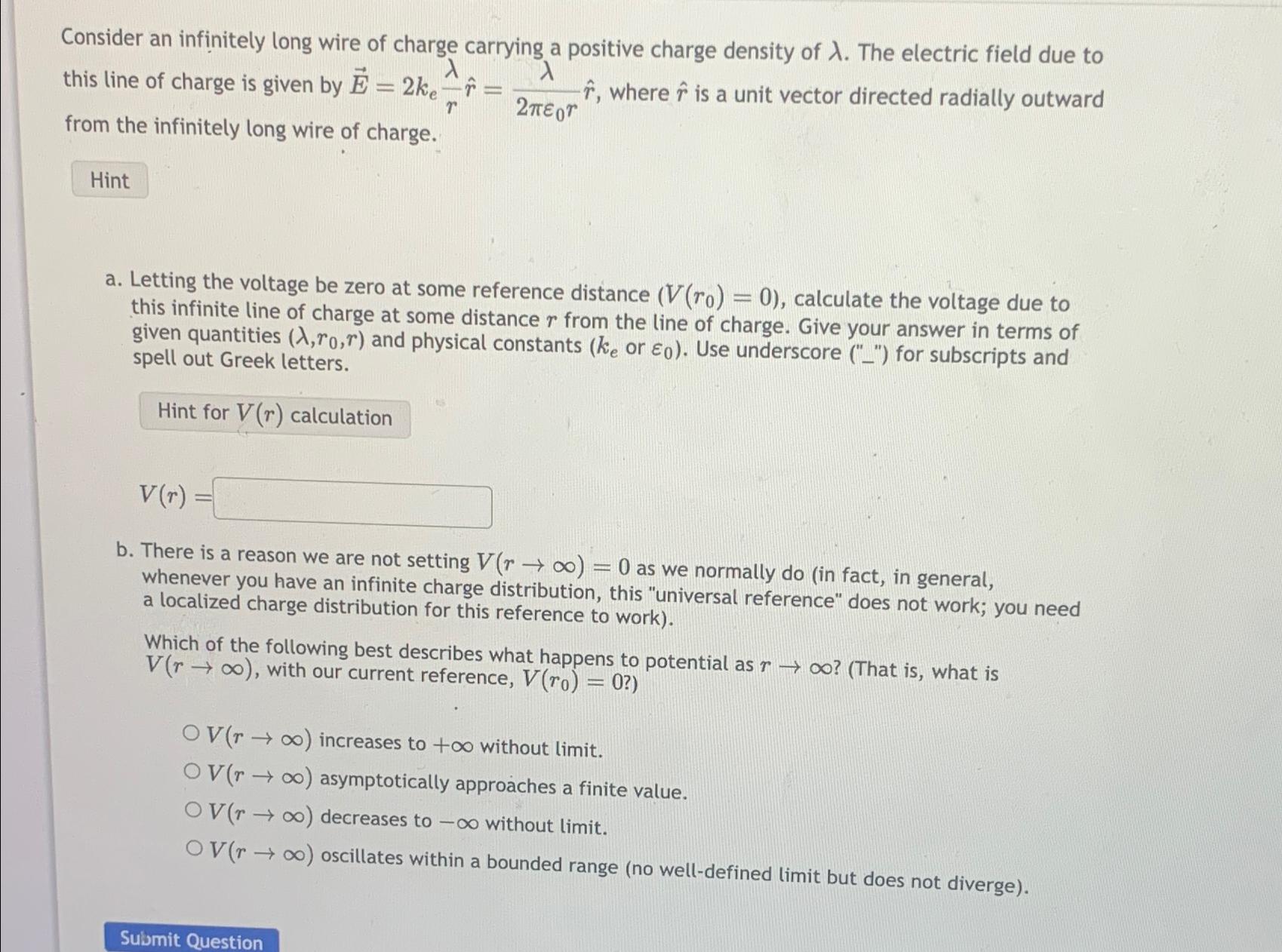 Consider an infinitely long wire of charge carrying a | Chegg.com