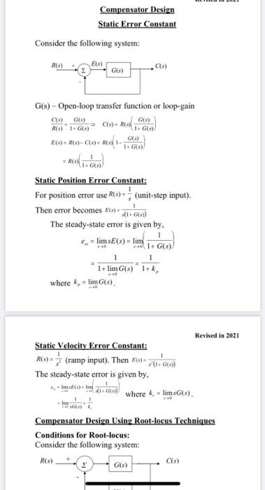 Solved Compensator Design Static Error Constant Consider the | Chegg.com