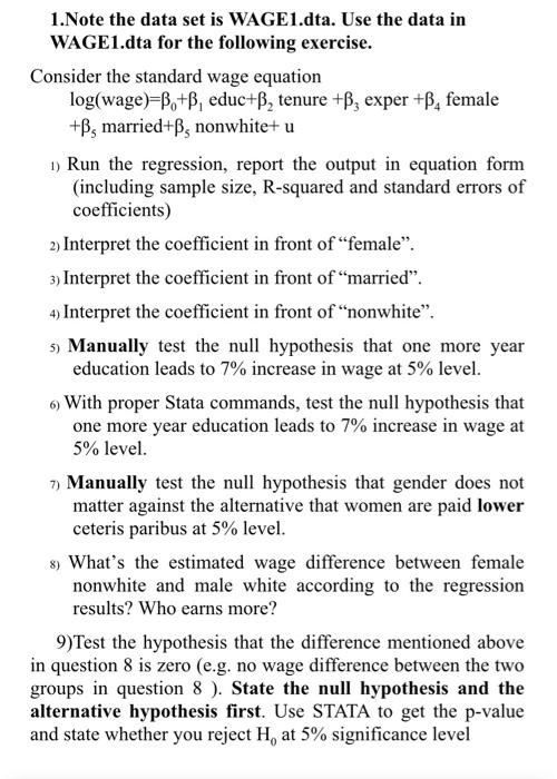 Solved 1.Note the data set is WAGE1.dta. Use the data in | Chegg.com