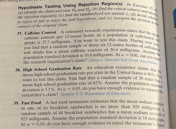 Solved Hypothesis Testing Using Rejection Region(s) In | Chegg.com