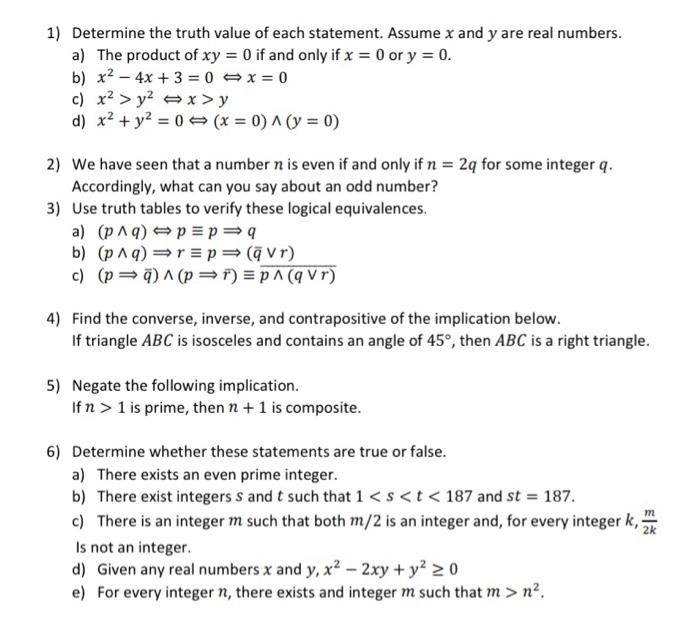 Solved 1) Determine the truth value of each statement. | Chegg.com