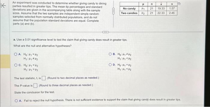 Solved An experiment was conducted to determine whether | Chegg.com