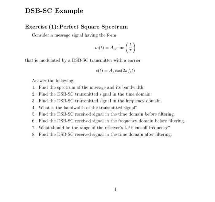 Solved DSB-SC Example Exercise (1): Perfect Square Spectrum | Chegg.com