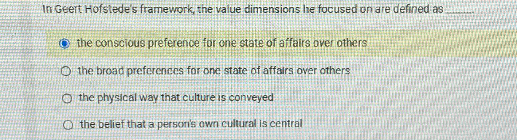 Solved In Geert Hofstede's framework, the value dimensions | Chegg.com