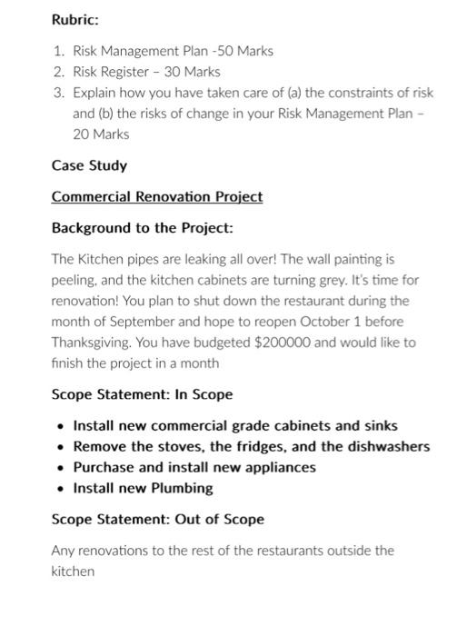 Solved Rubric: 1. Risk Management Plan -50 Marks 2. Risk | Chegg.com