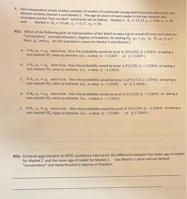 Solved 8. Two independent simple random samples of readers | Chegg.com