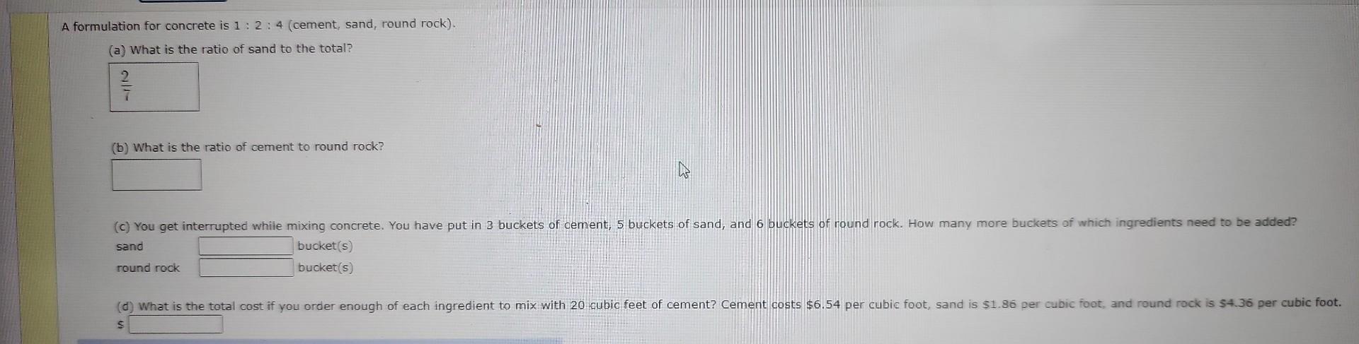 Solved formulation for concrete is 1:2:4 (cement, sand, | Chegg.com