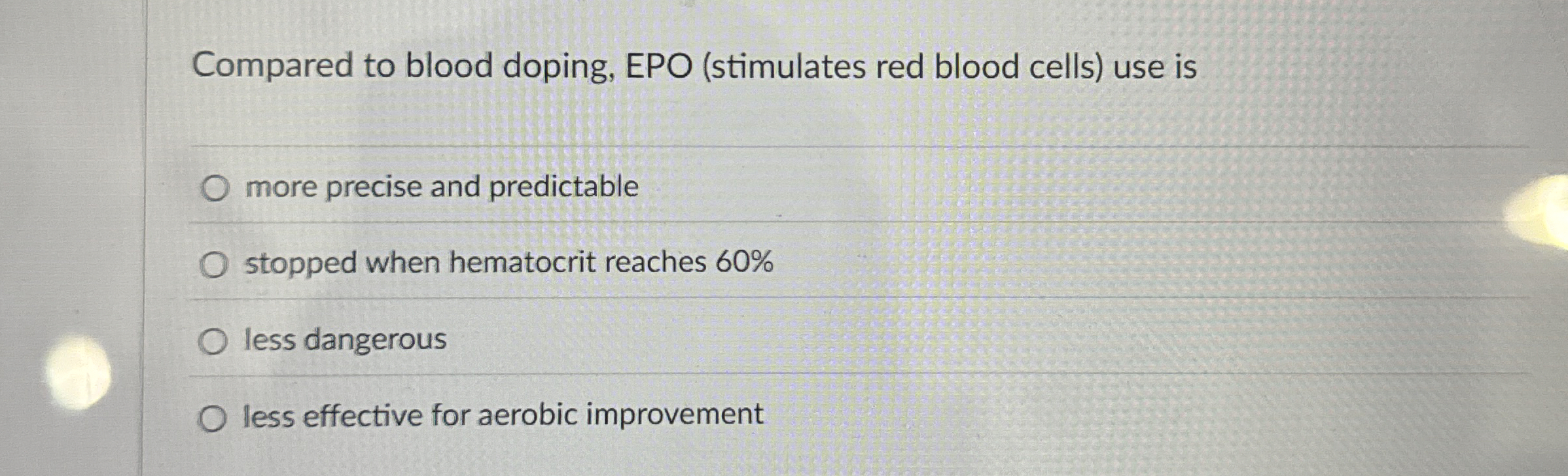 Solved Compared to blood doping, EPO (stimulates red blood | Chegg.com