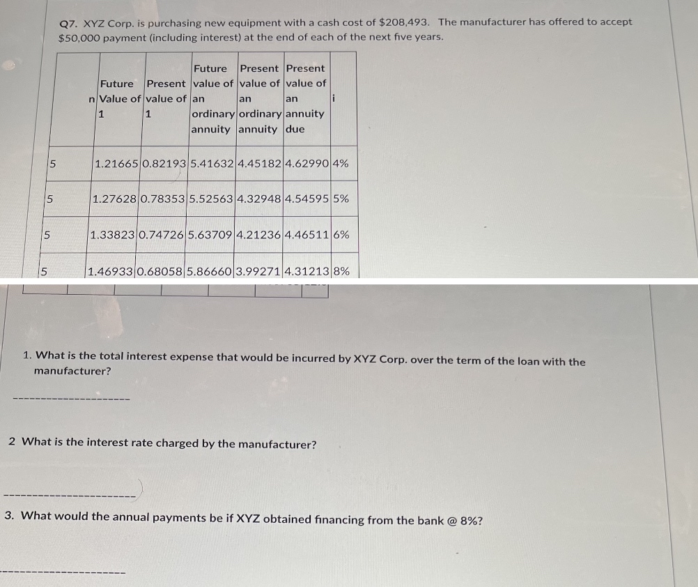 Solved Q7. ﻿XYZ Corp. is purchasing new equipment with a | Chegg.com