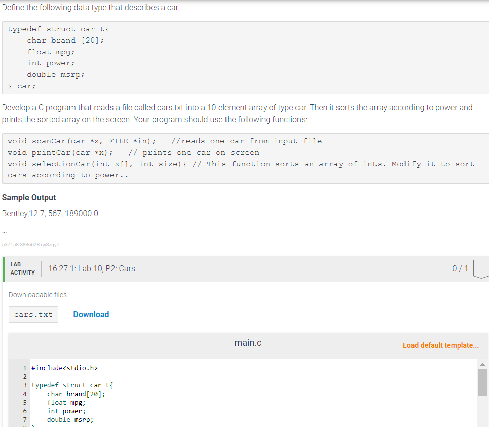 Solved Develop a C program that reads a file called cars.txt | Chegg.com