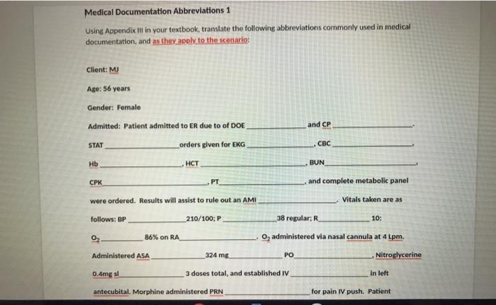 Solved Medical Documentation Abbreviations 1 Using Appendix | Chegg.com