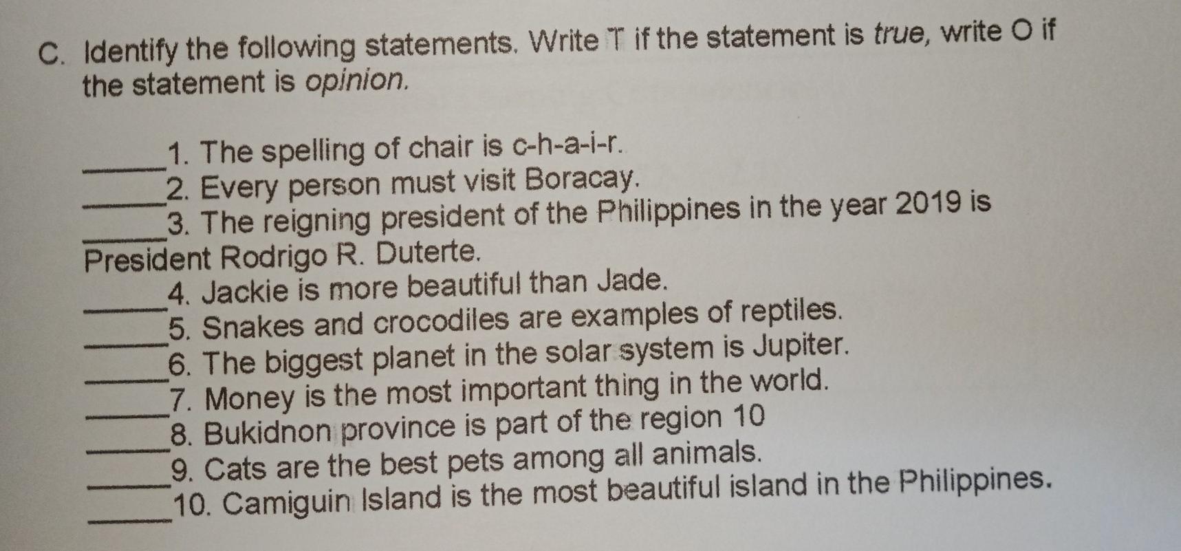 Solved C. Identify the following statements. Write T if the | Chegg.com