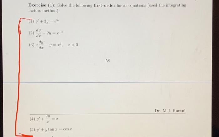 Solved Exercise (1): Solve the following first-order linear | Chegg.com