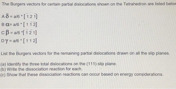 Solved The Burgers vectors for certain partial dislocations | Chegg.com