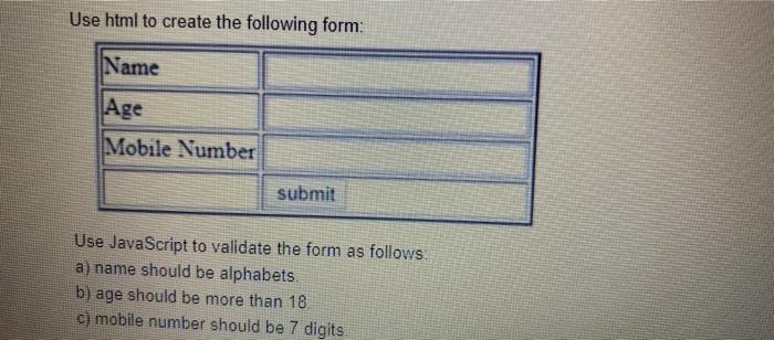 Solved Use html to create the following form: Name Age | Chegg.com