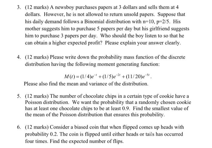 Solved 3. (12 marks) A newsboy purchases papers at 3 dollars | Chegg.com