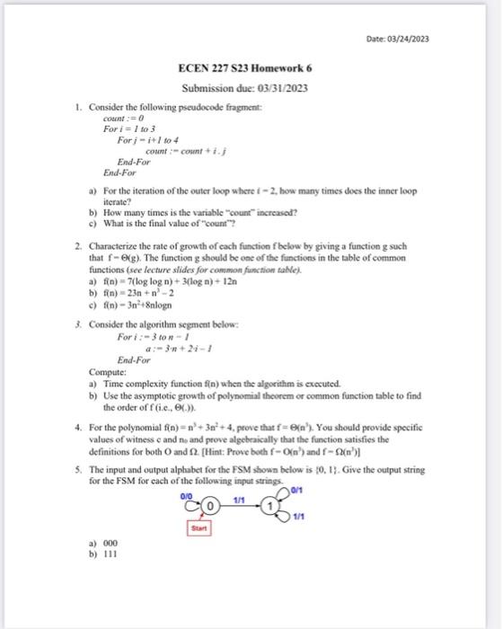 1. Consider the following pseudocode fragment: count | Chegg.com