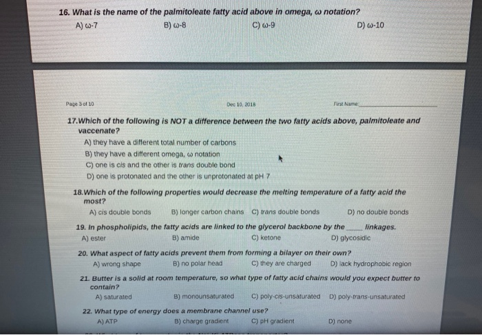 Solved 16. What is the name of the palmitoleate fatty acid | Chegg.com