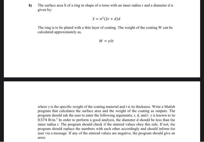 Solved The surface area S of a ring in shape of a torus with | Chegg.com