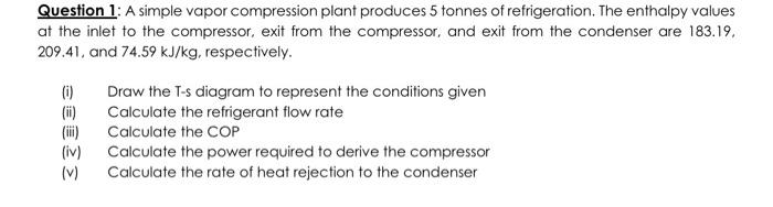 Solved Question 1: A simple vapor compression plant produces | Chegg.com