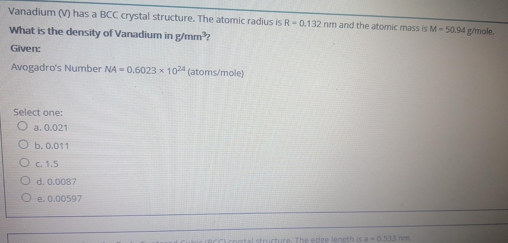 Solved Vanadium (V) has a BCC crystal structure. The atomic | Chegg.com