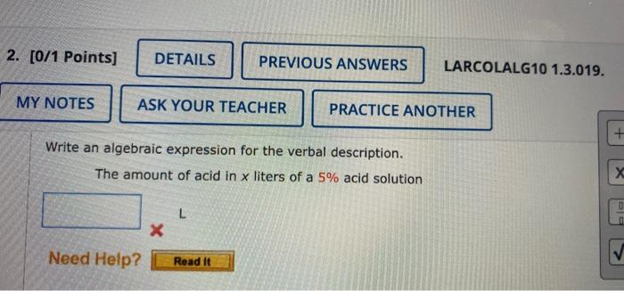 Solved 2. [0/1 Points] DETAILS PREVIOUS ANSWERS LARCOLALG10 | Chegg.com