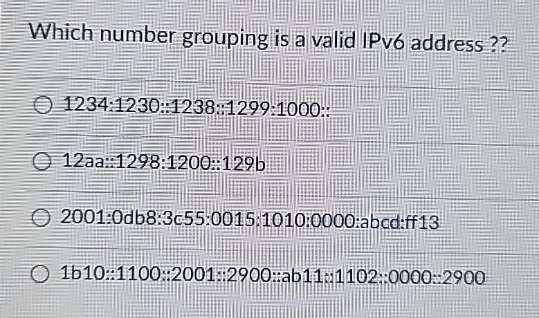 Solved Which number grouping is a valid IPv6 ﻿address | Chegg.com
