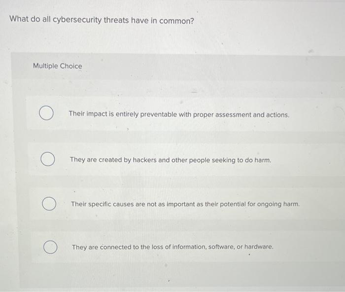 Solved What do all cybersecurity threats have in common? | Chegg.com