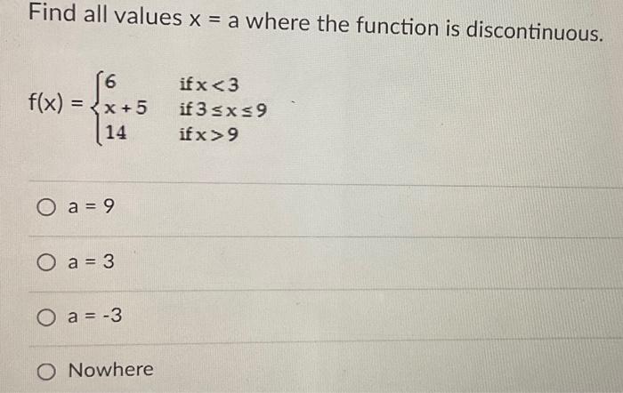 Solved Find all values x= a where the function is | Chegg.com