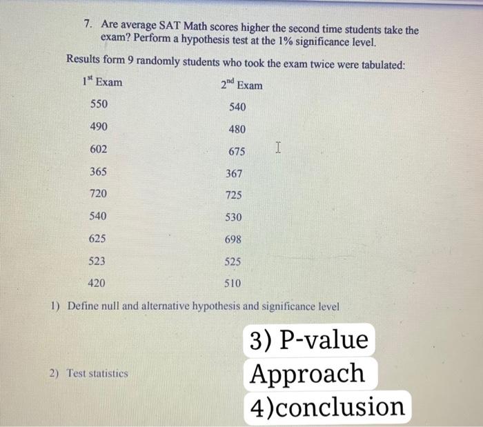 Solved 7. Are average SAT Math scores higher the second time | Chegg.com