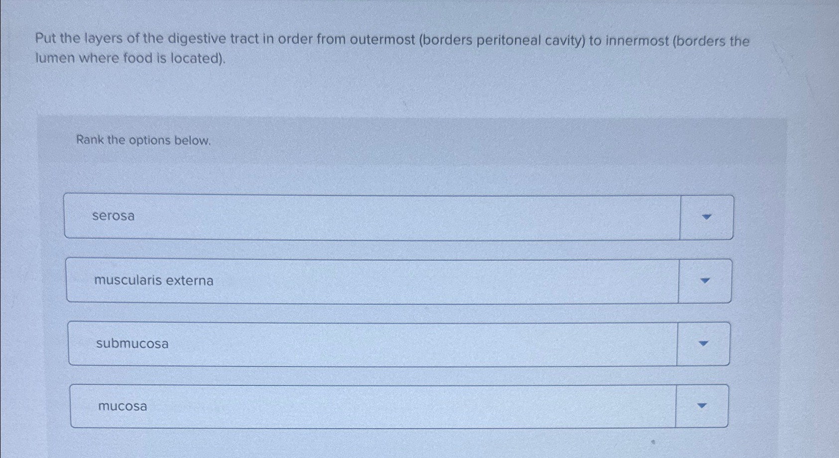 Solved Put the layers of the digestive tract in order from | Chegg.com