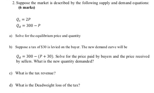 Solved 2. Suppose the market is described by the following | Chegg.com