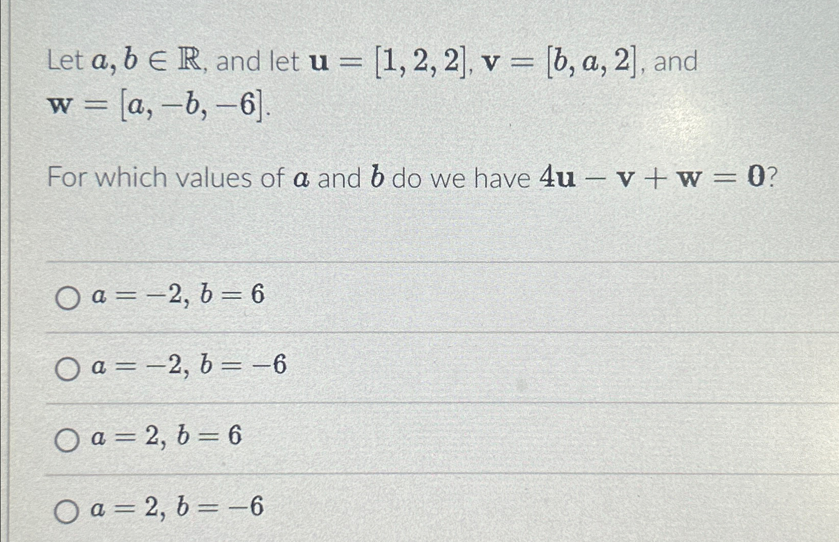 Solved Let a,binR, and let u=[1,2,2],v=[b,a,2], ﻿and | Chegg.com